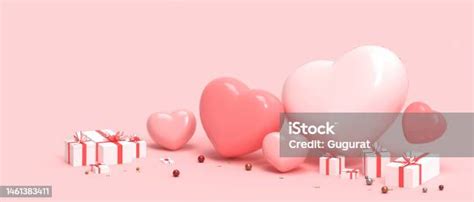 행복한 발렌타인 데이 판매 배너와 분홍색 배경에 흰색 선물 상자 귀여운 배너 또는 인사말 카드와 사랑 개념의 요소가 있는 하트 풍선 영감 복사 공간 배너3d 렌더링 마케팅에