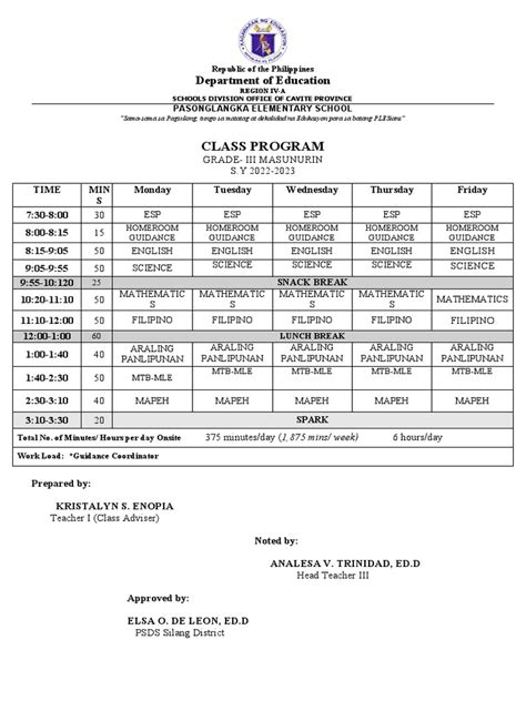 Class Program Grade 3 Sy 2022 2023 Pdf Educational Organizations Schools