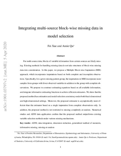 Pdf Integrating Multisource Block Wise Missing Data In Model Selection