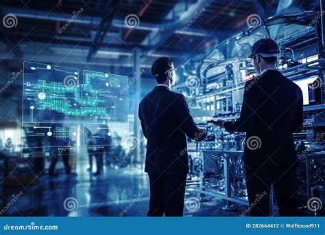 Factory Digitalization Two Industrial Engineers Use Laptop Computer Big Data Statistics