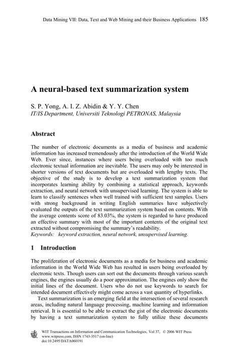 Pdf A Neural Based Text Summarization System