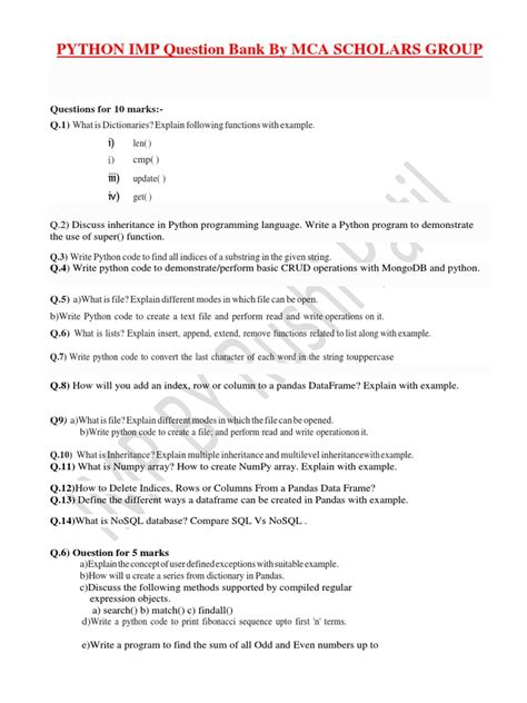 Python Imp Question Bank By Mca Scholars Group Pdf Database Index Software
