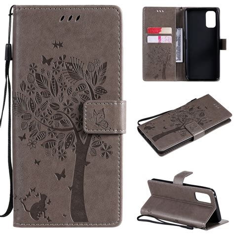 Oppo Realme 7 Pro 나무 및 고양이 패턴 인쇄 가로 플립 Pu 가죽 케이스 홀더 및 카드 슬롯 및 지갑 및 끈 회색