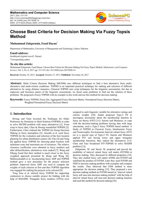 Pdf Choose Best Criteria For Decision Making Via Fuzzy Topsis Method