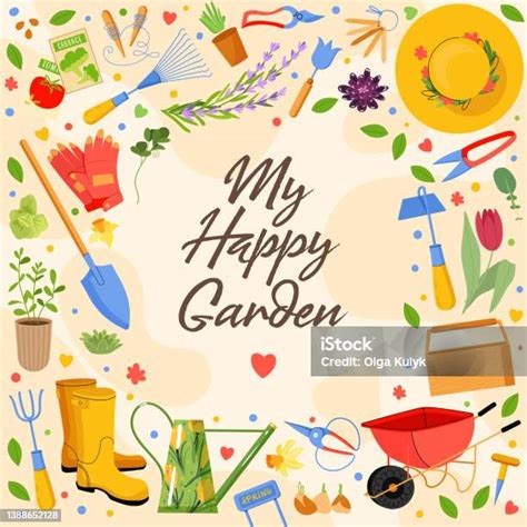해피 가든 도구 인사말 카드 원예 요소의 벡터 그림 스페이드 피치 포크 수레 식물 급수 캔 잔디 정원 장갑과 귀여운 텍스트 해피 원예 포스터 디자인 외바퀴 수레에 대한 스톡