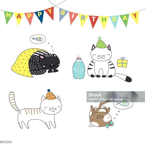 Set Of Cute Birthday Cats Stock Illustration Download Image Now