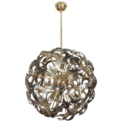 Brass Spherical Fixture Composed Of Golden Glass Bird Form Elements For