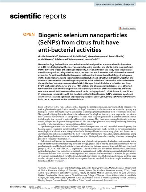 Pdf Biogenic Selenium Nanoparticles Senps From Citrus Fruit Have Anti Bacterial Activities