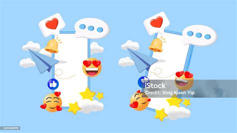 3d 만화 스마트 폰 및 소셜 미디어 통신 휴대 전화 좋아요 이모티콘 사랑 메시지 대화 메시지 비행기 보낸 메시지 및 메신저 앱의 웃는 얼굴 3차원 형태에 대한 스톡 벡터