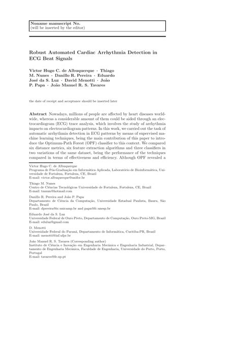 Pdf Robust Automated Cardiac Arrhythmia Detection In Ecg Beat Signals