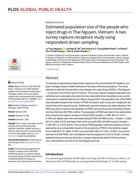 Pdf Estimated Population Size Of The People Who Inject Drugs In Thai Nguyen Vietnam A Two