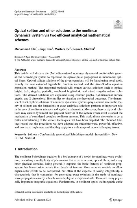 Pdf Optical Soliton And Other Solutions To The Nonlinear Dynamical System Via Two Efficient