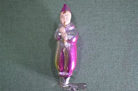 Купить Игрушка елочная стеклянная Клоун с дудочкой розовый колпачок Стекло прищепка СССР