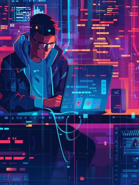 a hacker works on a computer with code streaming around him symbolizing technology coding cy