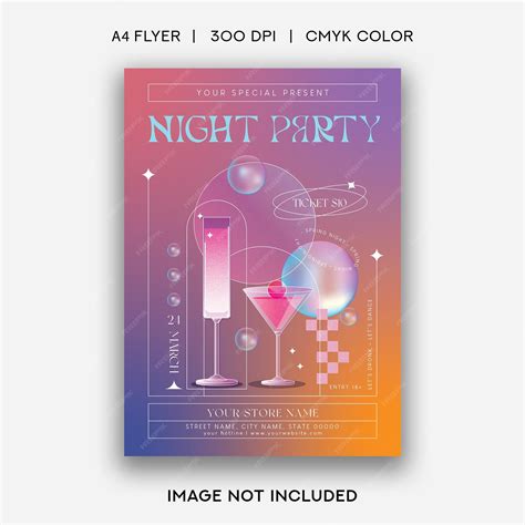 칵테일 잔과 분홍색과 보라색 배경을 갖춘 야간 파티 포스터 프리미엄 벡터