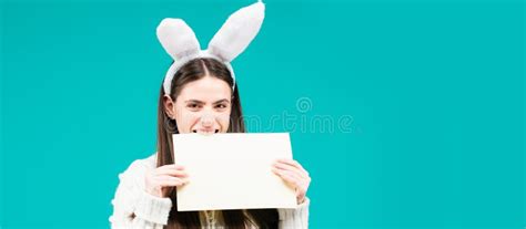 Easter Banner With Bunny Woman Model Dressed In Costume Easter Bunny On Isolated Background