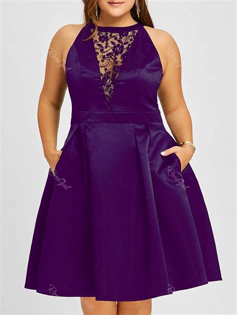 2018 Plus Size Semi Cocktail Lace Insert Swing Dress In Purple Xl