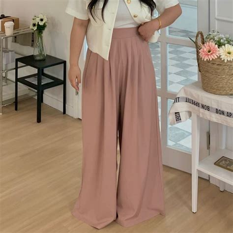 라이트 하이웨스트 더블 핀턱 뒷밴딩 와이드 슬랙스 에이블리