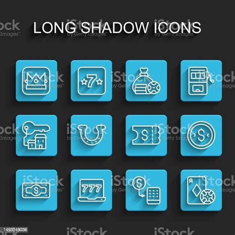 세트 라인 스택 지폐 현금 노트북 및 슬롯 머신 킹 카드 놀이 카지노 칩 교환 카드 말굽 달러와 동전 및 복권 티켓 아이콘 벡터