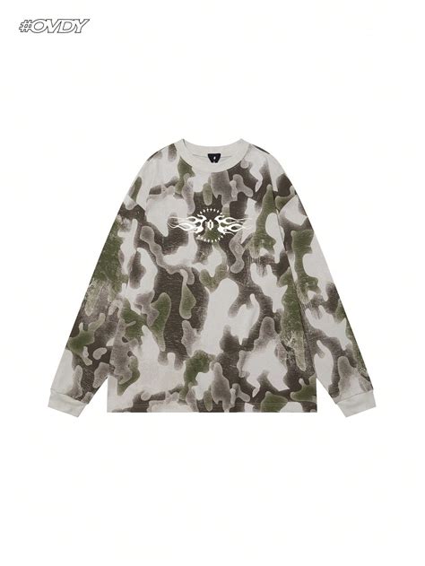 1개 핸드브러시 실크스크린 프린트 그래픽 티셔츠 남성용 스트릿웨어 캐주얼 그래픽 티셔츠 카모