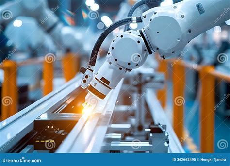 Robotic Arm Precisely Processes Components On Automated Assembly Line In Modern Factory Setting