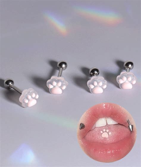 🎀당일출고and신상추천🎀 [1 1할인] 써지컬 실버 러블리 강아지 고양이 핑크 젤리 발바닥 바벨 볼 포인트 혀 피어싱 P 88 에이블리