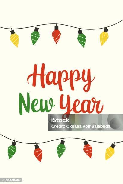 밝은 축하 분위기를 위해 새해 복 많이 받으세요를 기원하는 조명과 축제 텍스트가 있는 다채로운 인사말 카드 0명에 대한 스톡 벡터 아트 및 기타 이미지 Istock