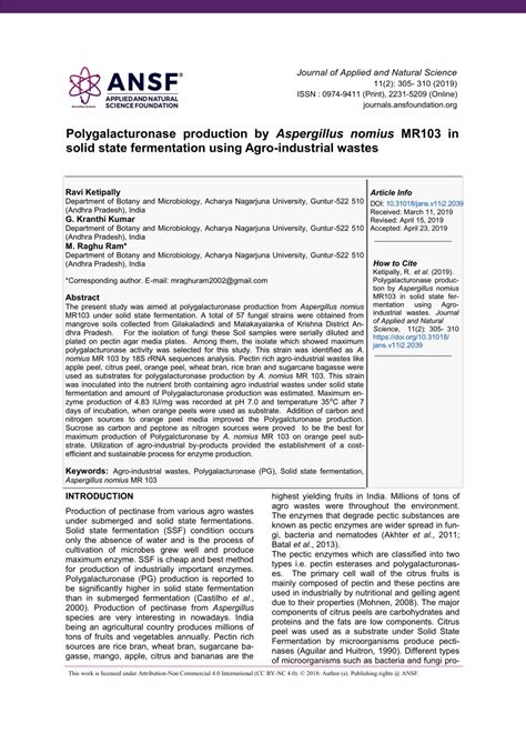 Pdf Polygalacturonase Production By Aspergillus Nomius Mr103 In Solid State Fermentation Using