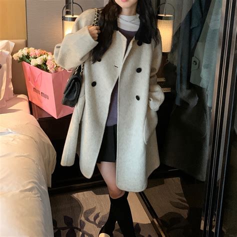 로즈블라썸 브이낵 배색 카라 더블브레스트 모직 코트 자켓 Ag119085