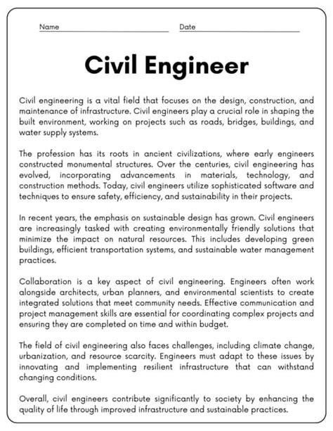 Civil Engineering Reading Comprehension Passages And Questions Worksheets