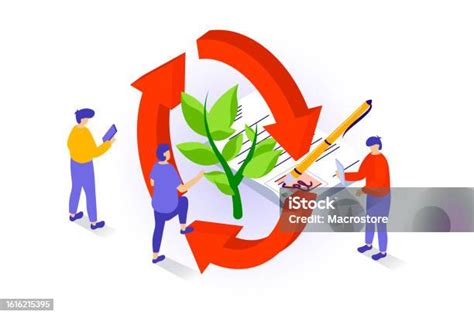 3d 아이소메트릭 디자인의 에코 라이프스타일 개념 사람들은 재활용 기술과 재사용 원칙을 사용하여 식물과 환경에 관심을 갖습니다 웹 그래픽을 위한 등각측정 장면이 있는 벡터