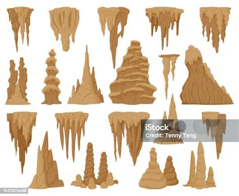 만화 종유석과 석순 동굴 석회암 바위 자연 성장 지질학 형성 광물 석순 및 석순 기둥 평면 벡터 삽화 컬렉션 석회암 형성 세트 석순 동굴에 대한 스톡 벡터 아트 및 기타