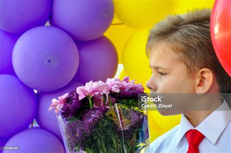 꽃다발과 풍선을 가진 소년은 1 학년이되었습니다 학교에 처음 교육에 대한 스톡 사진 및 기타 이미지 교육 낮 러시아 Istock