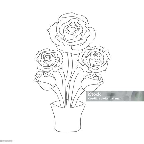 장미 꽃 꽃병 색칠 페이지 요소 그래픽 일러스트레이션 연필 라인 아트 디자인 꽃 식물에 대한 스톡 벡터 아트 및 기타 이미지