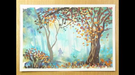 Как нарисовать ОСЕНЬ гуашью Туманное утро в лесу Поэтапное рисование Краска Уроки