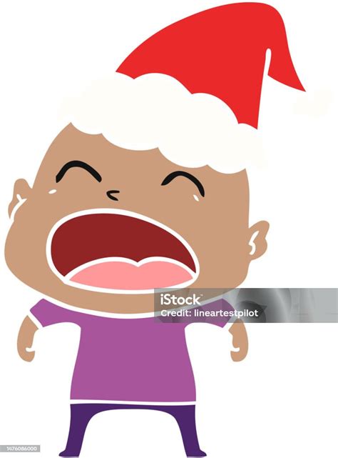 산타 모자를 쓰고 소리를 지르는 대머리 남자의 손으로 그린 평면 컬러 그림 낙서 드로잉에 대한 스톡 벡터 아트 및 기타 이미지