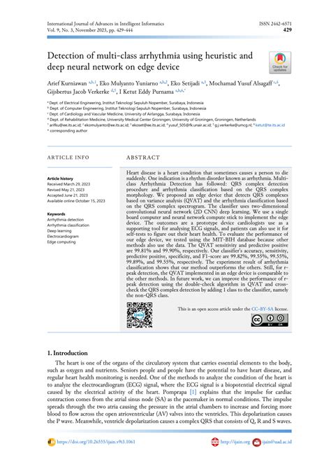 Pdf Detection Of Multi Class Arrhythmia Using Heuristic And Deep Neural Network On Edge Device