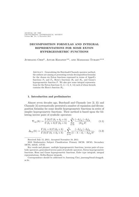 Pdf Decomposition Formulas And Integral Representations For Some