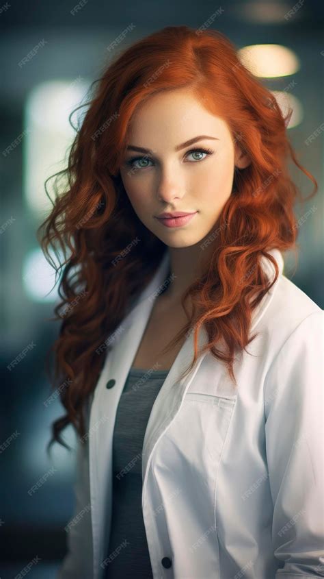 Premium Ai Image Beautiful Young Redhead Woman Scientist In White Coat
