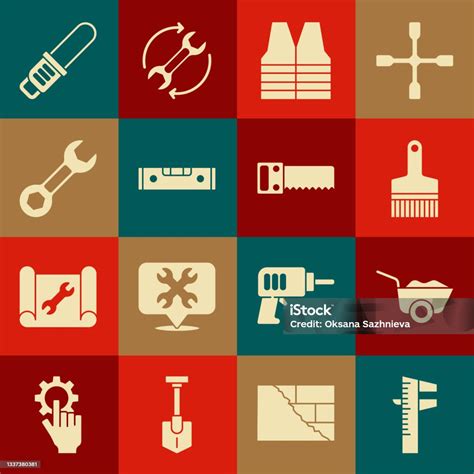 캘리퍼 또는 캘리퍼 및 스케일 수레 페인트 브러시 안전 조끼 건설 버블 레벨 렌치 스패너 전기 톱 및 손 아이콘을 설정합니다 벡터 건설 산업에 대한 스톡 벡터 아트 및 기타