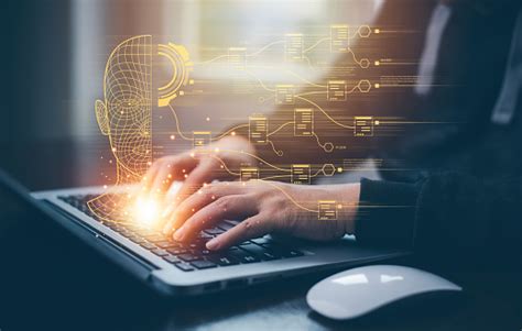 Ai로 노트북이나 스마트폰을 작업하는 프로그래머 기술 아이콘과 바이너리 코드 빅 데이터 Ai 봇 디지털 머신으로 노트북