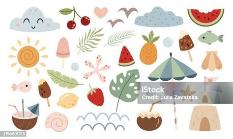 여름 클립 아트 안녕하세요 여름 클립아트입니다 서머 타임 여름 분위기 만화 플랫 스타일의 여름 스티커 손으로 그린 벡터 일러스트 레이 션 0명에 대한 스톡 벡터 아트 및