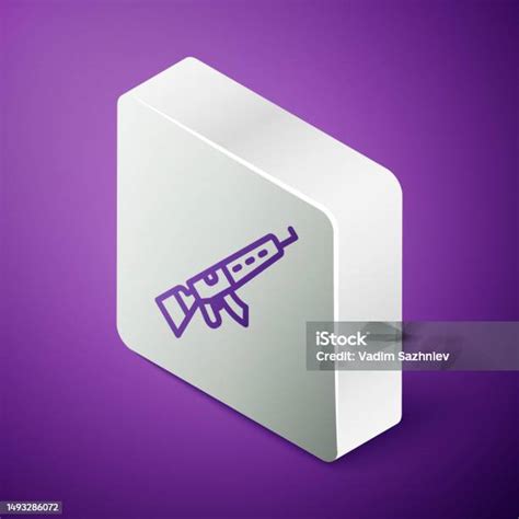보라색 배경에 격리 된 범위 아이콘이있는 등색 선 저격 소총 실버 스퀘어 버튼 벡터 3차원 형태에 대한 스톡 벡터 아트 및 기타 이미지 3차원 형태 개성 개념 과녁
