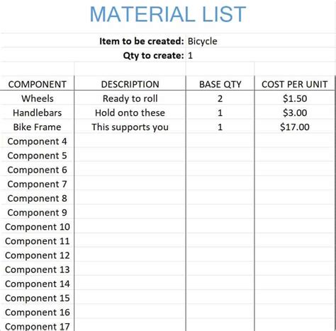 Simple Material List Templates WORD EXCEL PDF