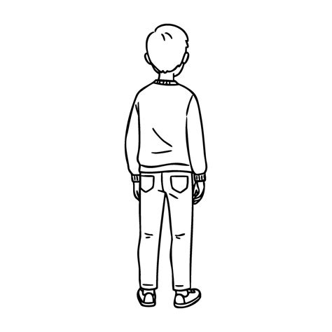 Line Art Of Young Caucasian Boy Facing Away Wearing Casual Outfit