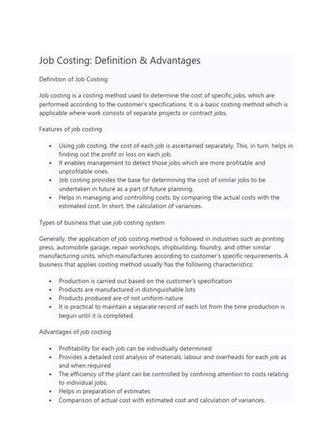 Job Costing Pdf Specification Technical Standard Cost
