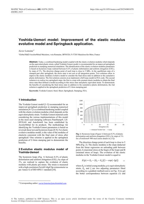 Pdf Yoshida Uemori Model Improvement Of The Elastic Modulus Evolutive Model And Springback