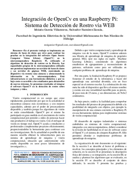 Pdf Integración De Opencv En Una Raspberry Pi Sistema De Detección De Rostro Vía Web