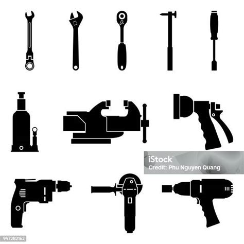수리 및 유지 보수에 대 한 손 도구의 집합입니다 실루엣 벡터 아이콘 조절형 스패너에 대한 스톡 벡터 아트 및 기타 이미지 조절형 스패너 임팩트 렌치 개체 그룹
