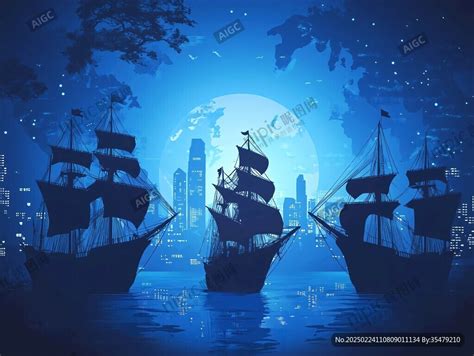 Ai创作图远航插画 帆船灯景 海船插画 帆船夜景 前海插画 领航主题设计 北上广深蓝色背景 月影风帆 港珠澳天际线插画 领航主题背景 海上丝绸之路场景 维多利亚湾插画 海港插画 海盗船插画 夜
